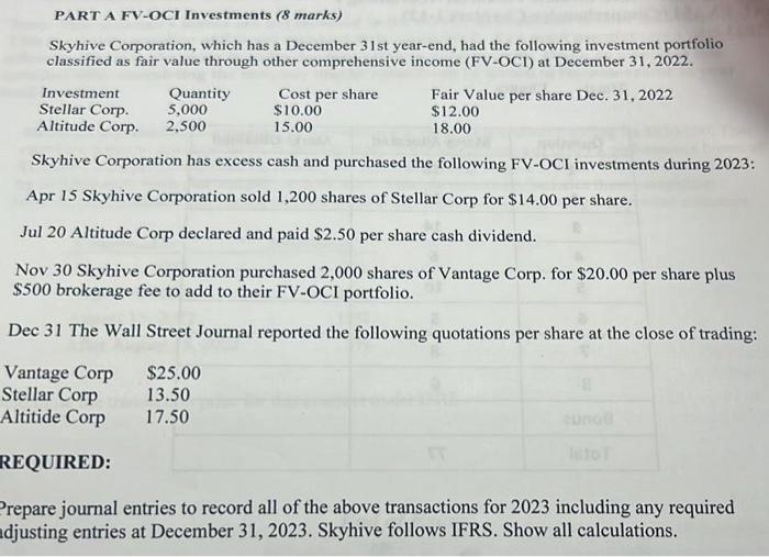 Solved PART A FV-OCI Investments ( 8 marks) Skyhive | Chegg.com