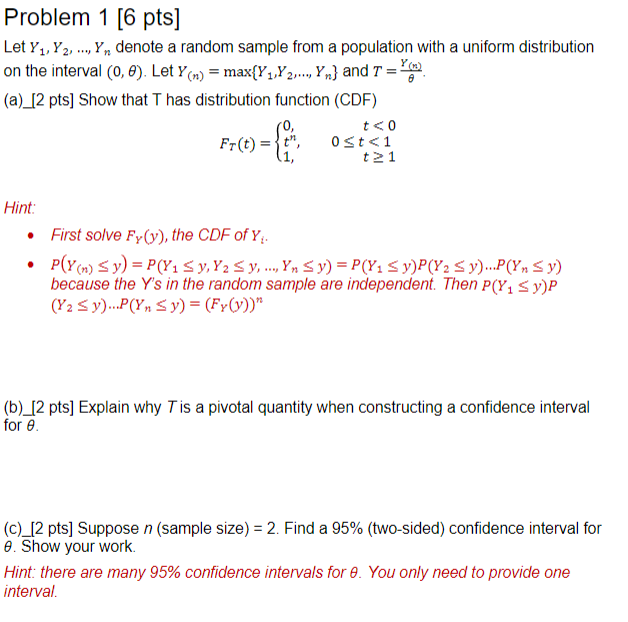 Solved [Y(n)](,) ﻿Problem 1 [6 ﻿pts]Let Y1,Y2,...,Yn ﻿denote | Chegg.com