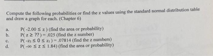 Solved Compute the following probabilities or find the z | Chegg.com
