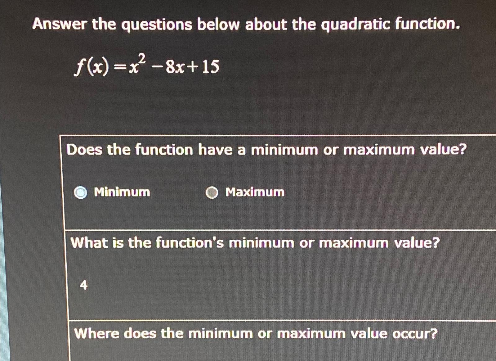 Solved Answer the questions below about the quadratic | Chegg.com