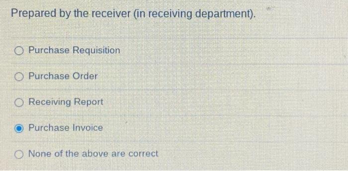 Solved Prepared by the receiver (in receiving department). | Chegg.com