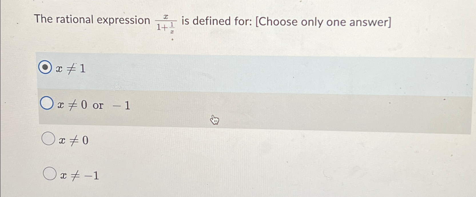 Solved The rational expression x1+1x ﻿is defined for: | Chegg.com