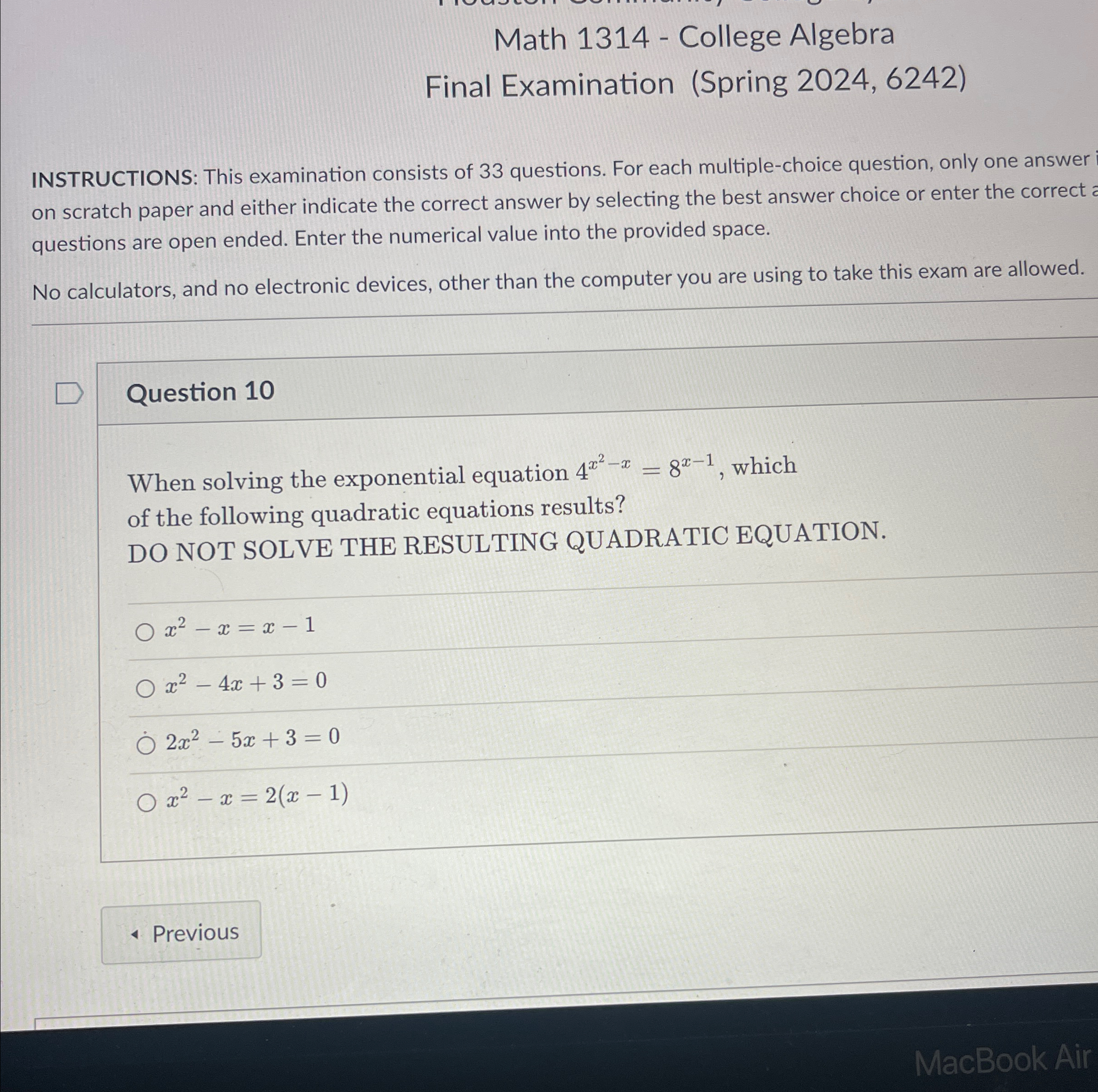 Solved Math 1314 - ﻿College AlgebraFinal Examination (Spring | Chegg.com
