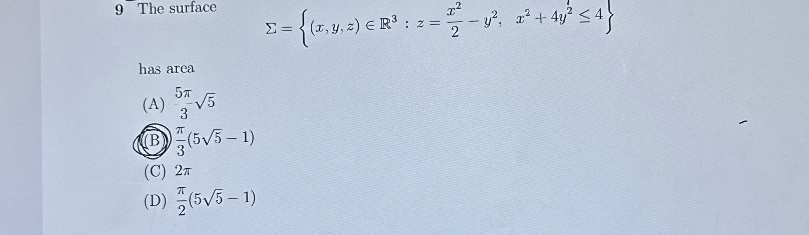 Solved 9 ﻿The surfaceΣ={(x,y,z)inR3:z=x22-y2,x2+4y2≤4}has | Chegg.com