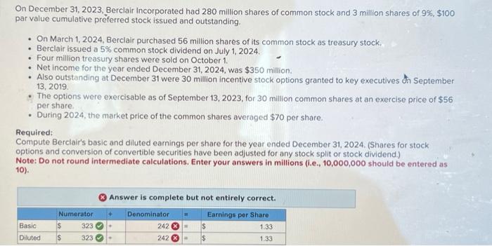Solved On December 31,2023 , Berclair Incorporated had 280 | Chegg.com