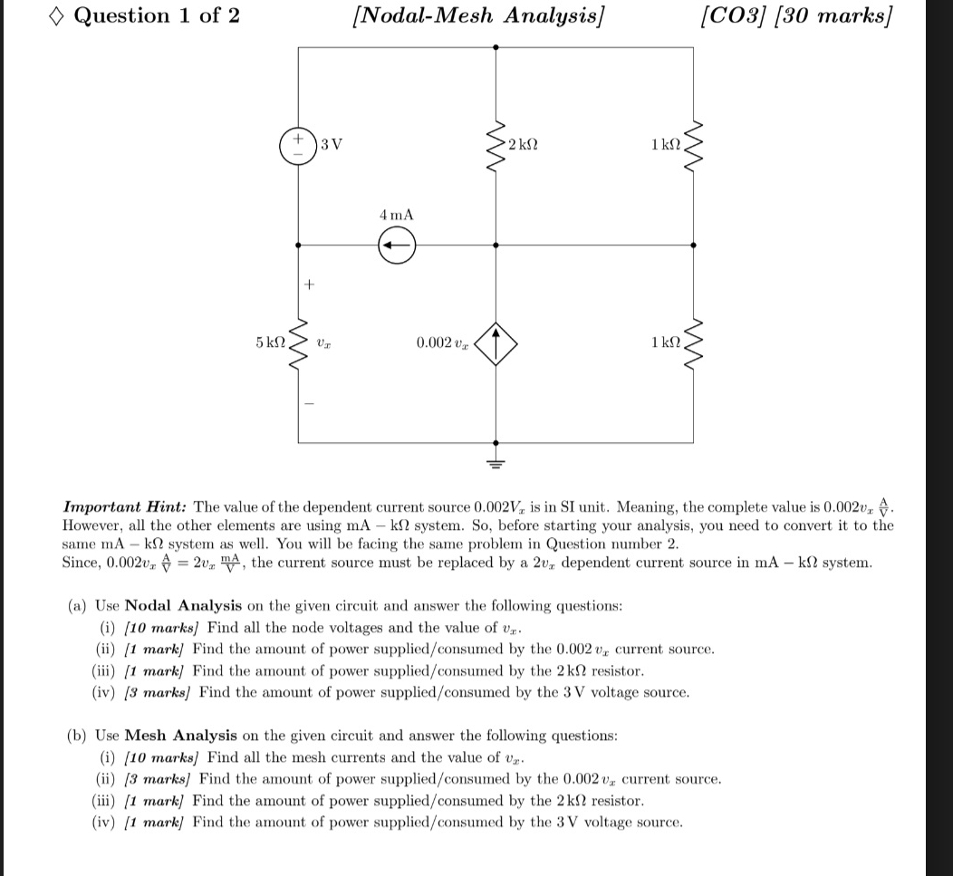 Solved diamond Question 1 ﻿of 2[Nodal-Mesh | Chegg.com