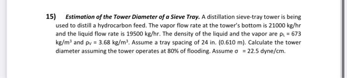 Solved 15) Estimation of the Tower Diameter of a Sieve Tray. | Chegg.com