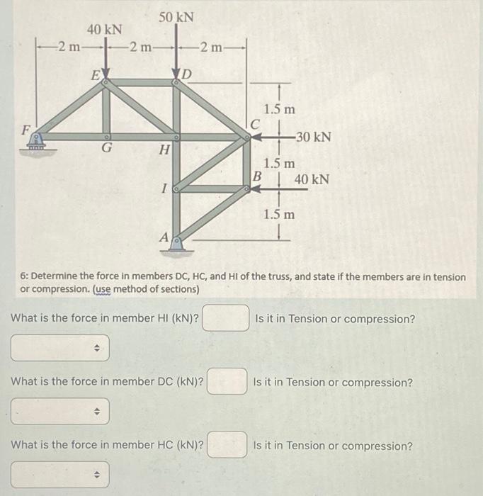 Solved 6: Determine the force in members DC,HC, and HI of | Chegg.com