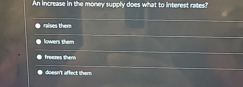 Solved An increase in the money supply does what to interest | Chegg.com