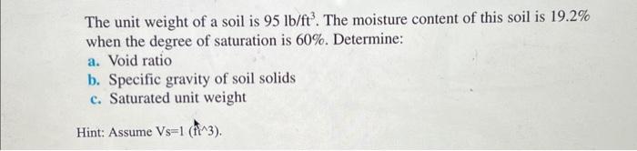 Solved The unit weight of a soil is 95lb/ft3. The moisture | Chegg.com