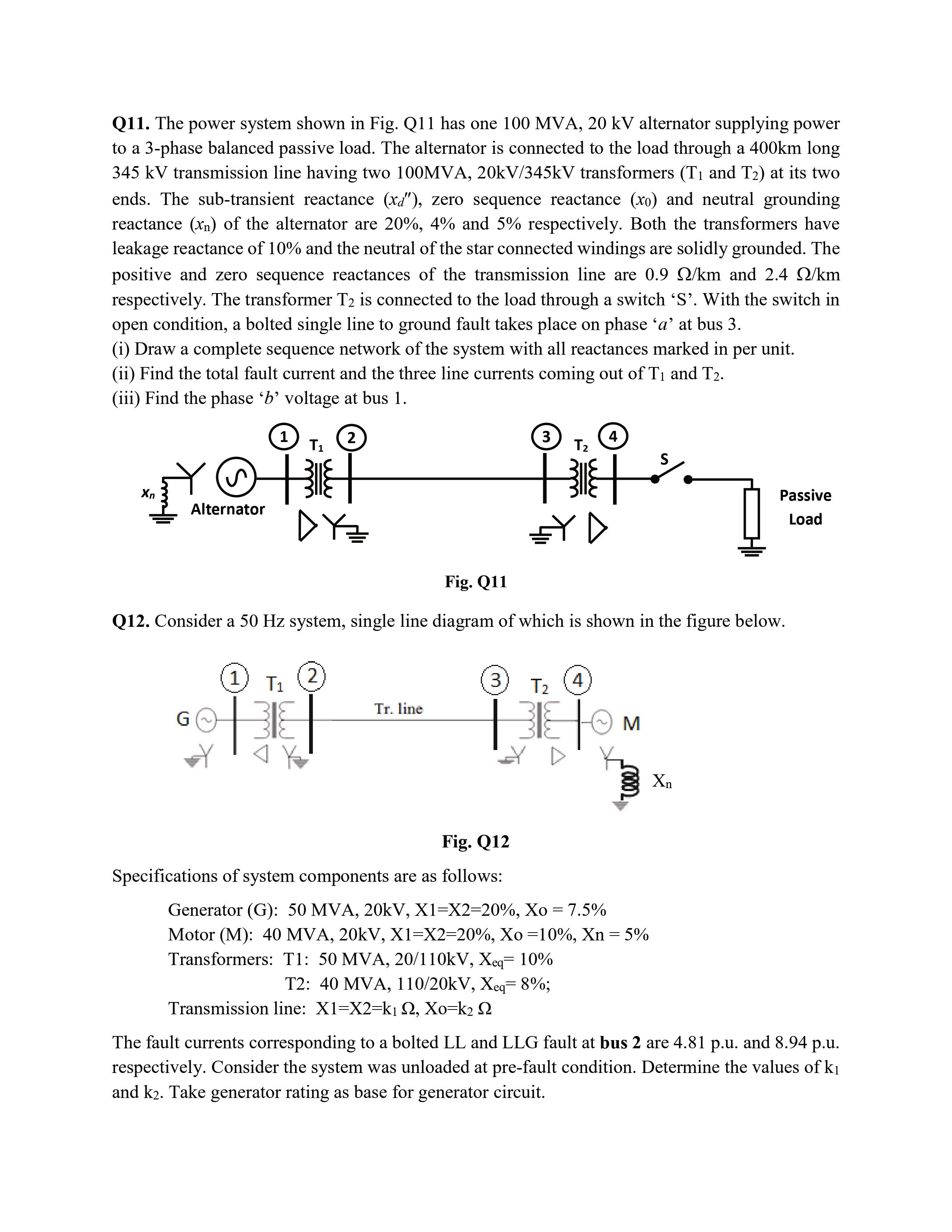 Q11. ﻿The power system shown in Fig. Q11 ﻿has one 100 | Chegg.com