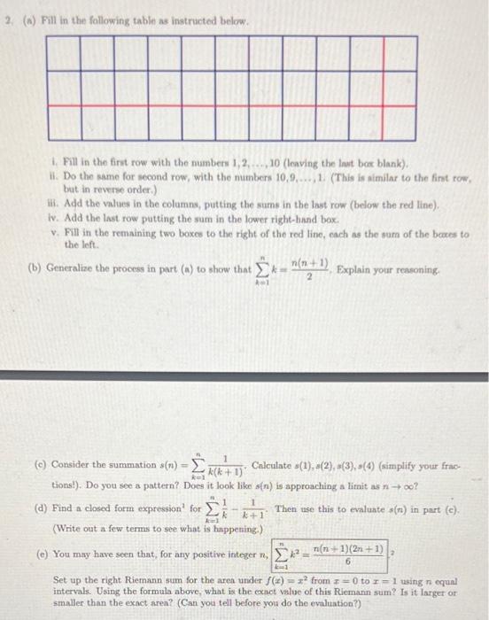 Solved 2. (a) Fill in the following table as instructed | Chegg.com