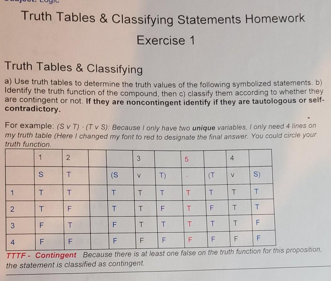 Solved Truth Tables & Classifying Statements Homework | Chegg.com