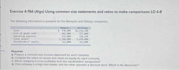 Solved Exercise 4-19A (Algo) Using common size statements | Chegg.com