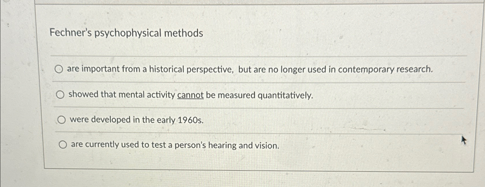 Solved Fechner's psychophysical methodsare important from a | Chegg.com