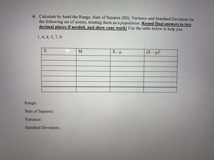 Solved 4. Calculate by hand the Range, Sum of Squares (SS), | Chegg.com