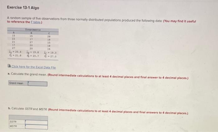 Solved Exercise 13-1 Algo A random sample of five | Chegg.com
