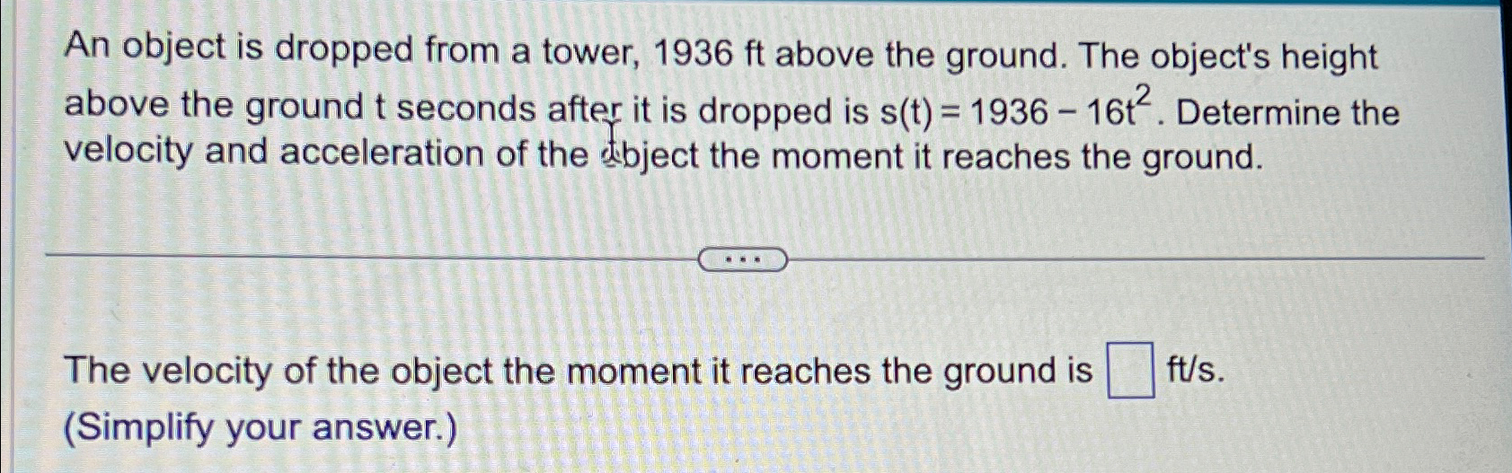 Solved An object is dropped from a tower, 1936ft ﻿above the | Chegg.com
