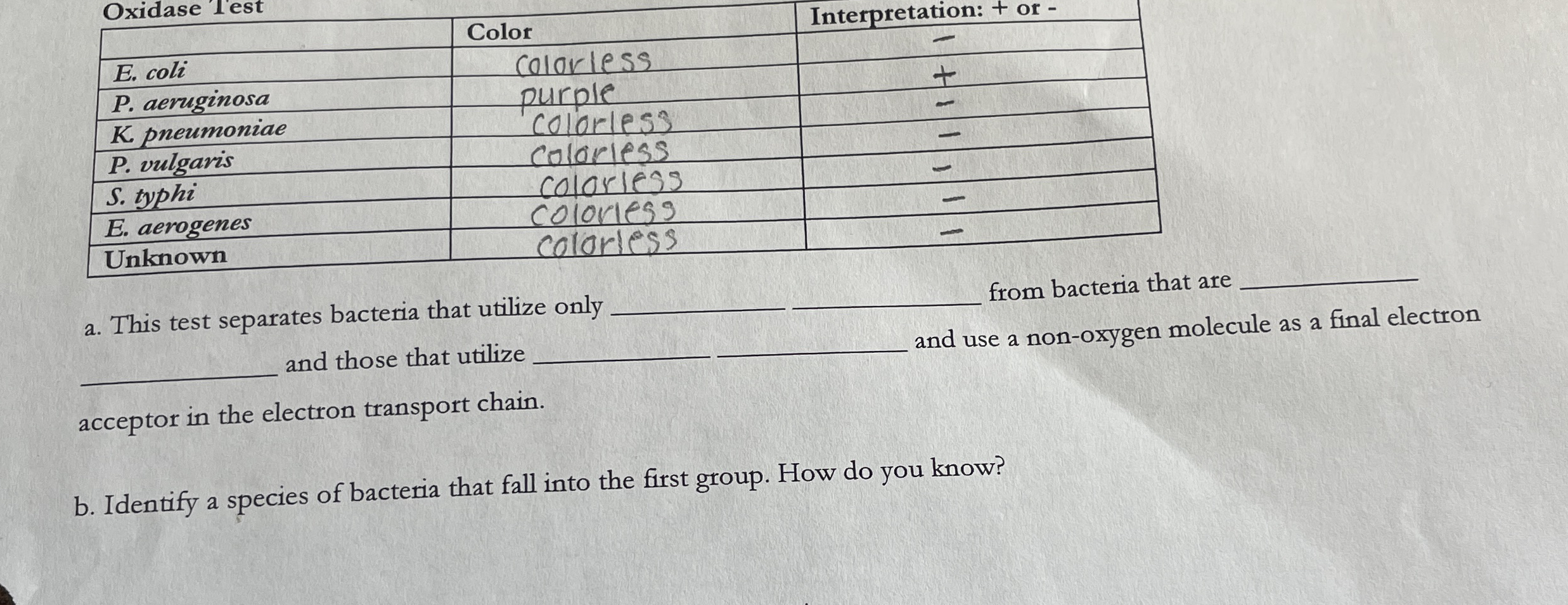 Solved Oxidase Test\table[[,Color,Interpretation: + ﻿or | Chegg.com