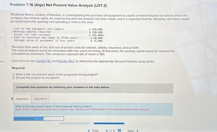 Solved Problem 7-16 (Algo) Net Present Value Analysis | Chegg.com