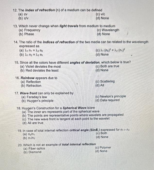 Solved 12. The index of refraction ( n ) of a medium can be | Chegg.com