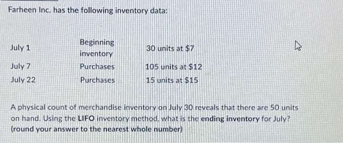 Solved Farheen Inc. has the following inventory data: July 1 | Chegg.com