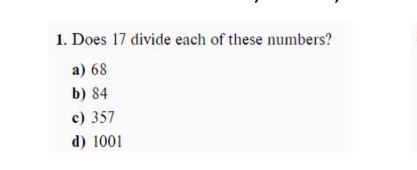 Solved Does 17 ﻿divide each of these | Chegg.com