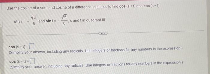 Solved Use the cosine of a sum and cosine of a difference | Chegg.com