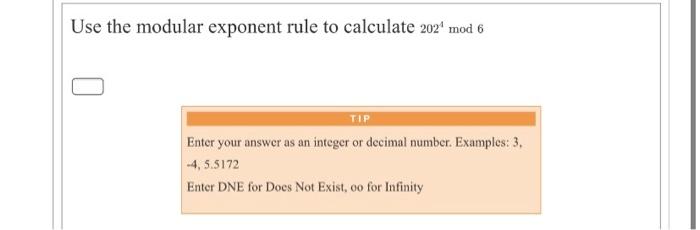 Solved Use the modular exponent rule to calculate 202' mod 6 | Chegg.com