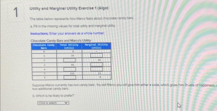 Solved 1 Utility and Marginal Utility Exercise 1 (Algo) The | Chegg.com