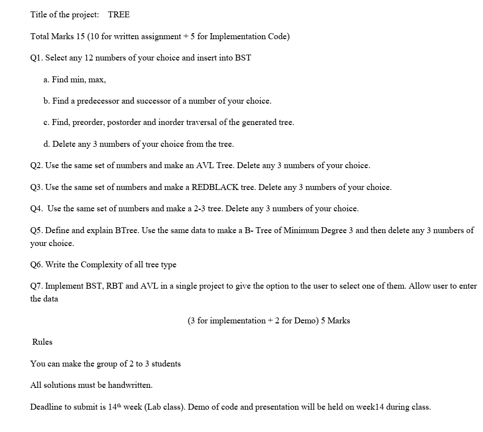 Solved Title of the project: TREETotal Marks 15 (10 ﻿for | Chegg.com