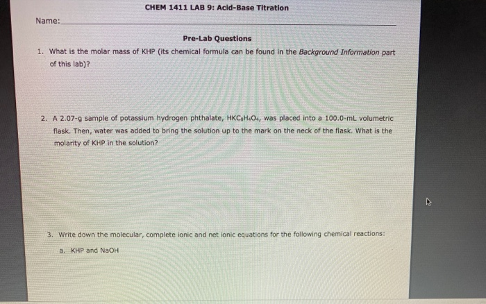 Solved CHEM 1411 LAB 9: Acid-Base Titration Name: Pre-Lab | Chegg.com
