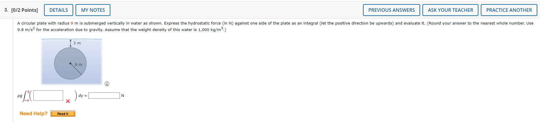 Solved A circular plate with radius 9 ﻿m is submerged | Chegg.com