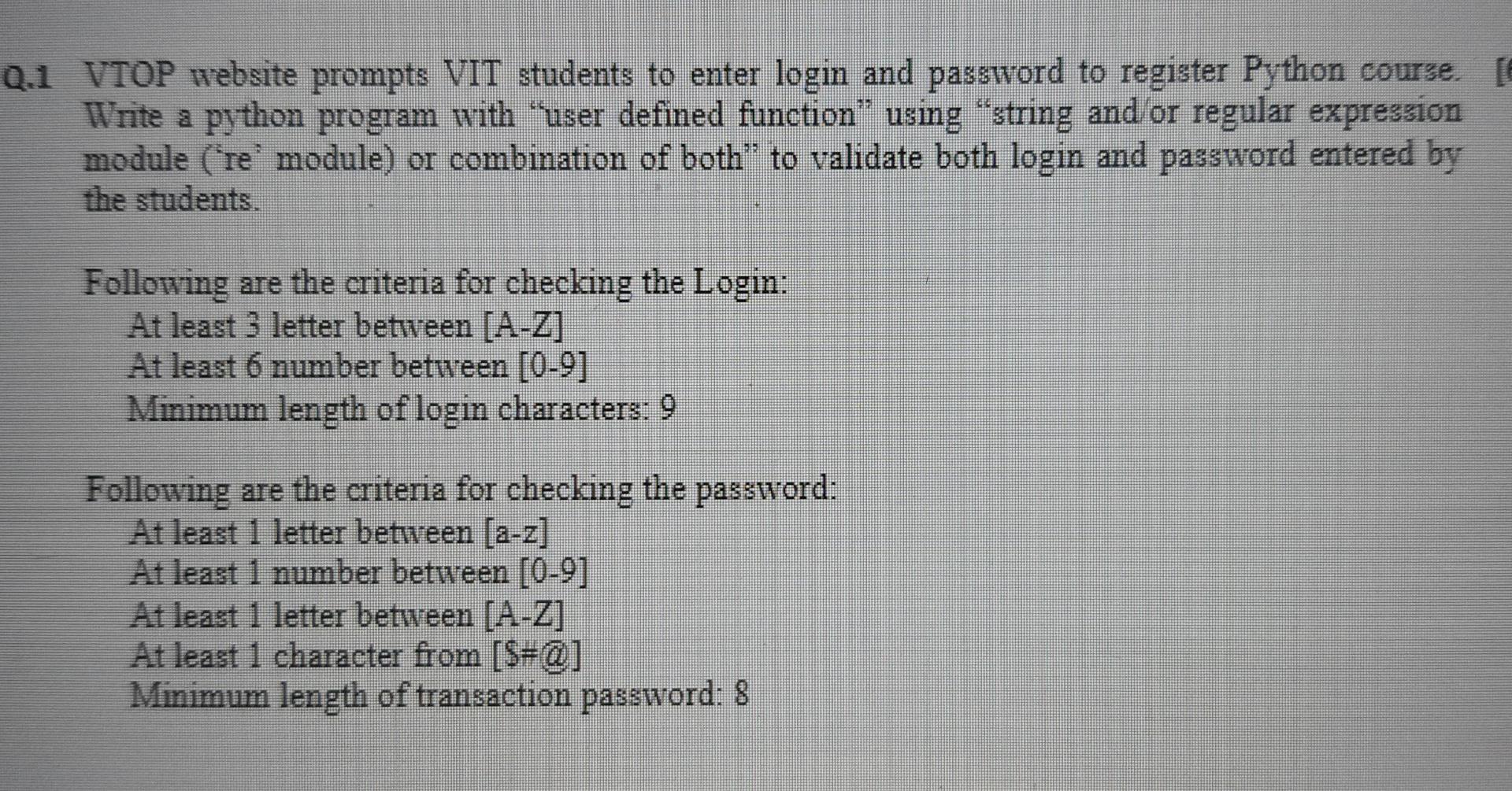Solved Q.1 VTOP website prompts VIT students to enter login | Chegg.com