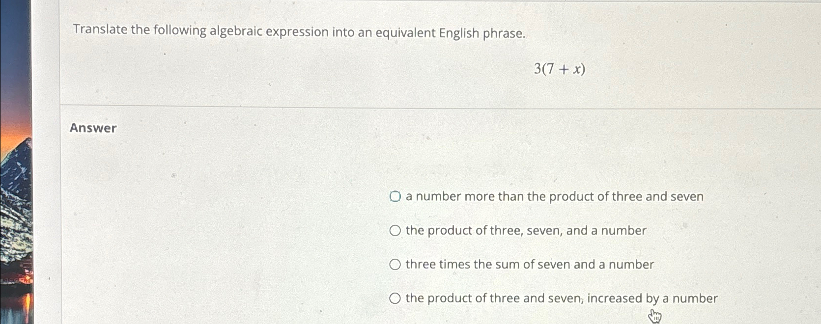 Solved Translate the following algebraic expression into an | Chegg.com
