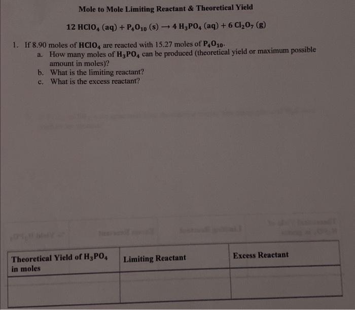 Solved Mole to Mole Limiting Reactant \& Theoretical Yield | Chegg.com