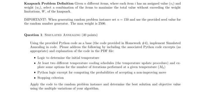 Knapsack Problem Definition Given n different items, | Chegg.com