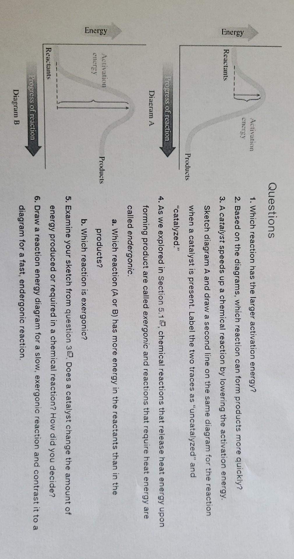 Solved Questions Activation energy Energy Reactants Products | Chegg.com