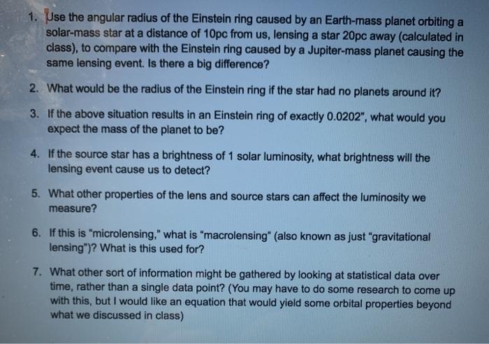 Solved 1. Use the angular radius of the Einstein ring caused | Chegg.com