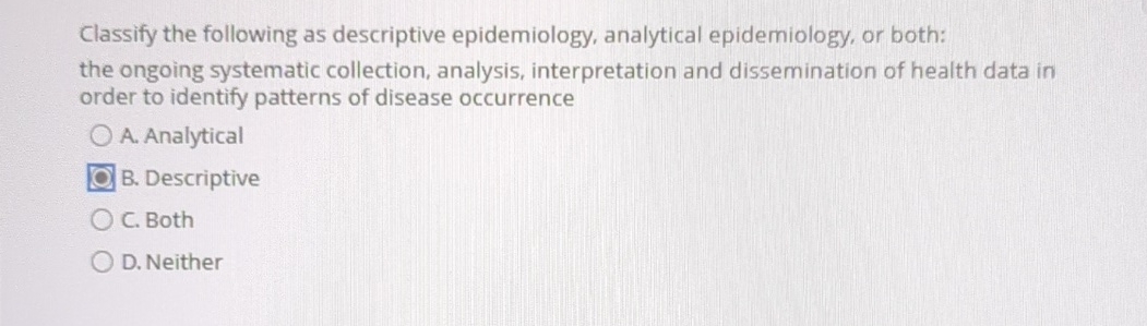 Solved Classify the following as descriptive epidemiology, | Chegg.com