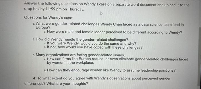 Solved Answer the following questions on Wendy's case on a | Chegg.com