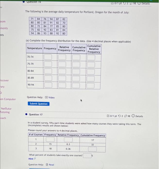 Solved The following is the average daily temperature for | Chegg.com