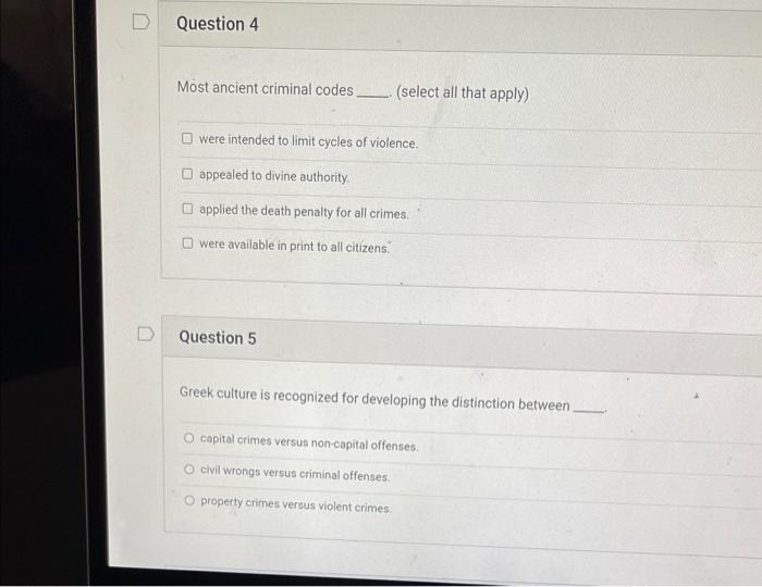 Most ancient criminal codes (select all that apply) | Chegg.com