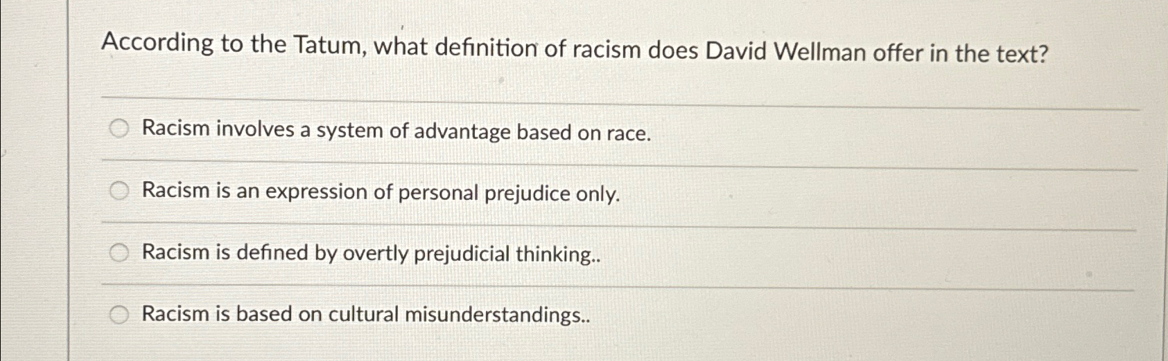 Solved According to the Tatum, what definition of racism | Chegg.com