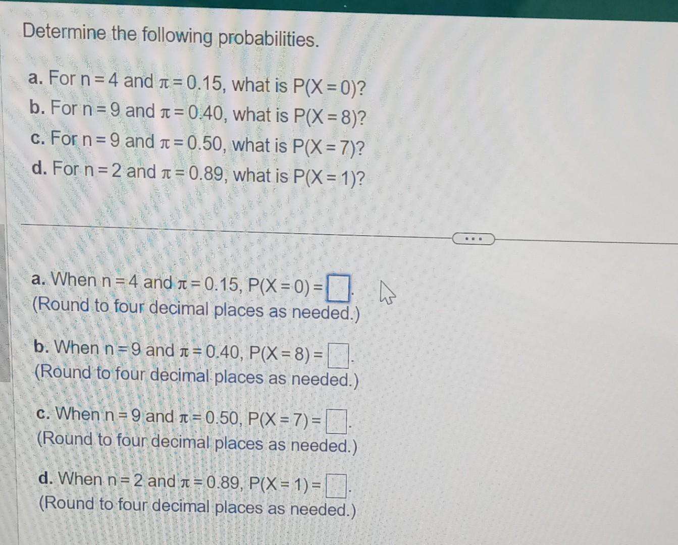 Solved Determine the following probabilities. a. For \\( n=4 | Chegg.com