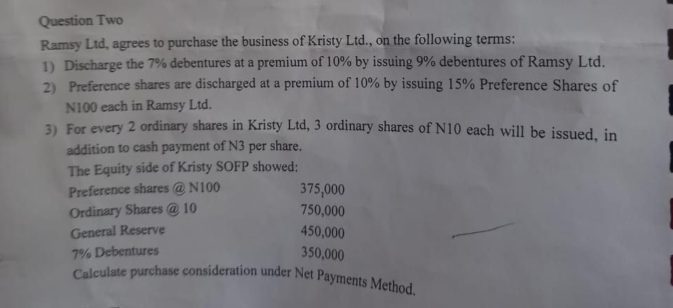 Solved Question Two Ramsy Ltd, agrees to purchase the | Chegg.com