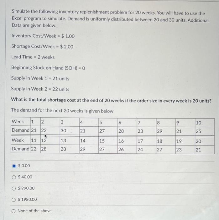Solved Simulate the following inventory replenishment | Chegg.com