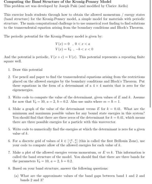 Solved Computing the Band Structure of the Kronig-Penney | Chegg.com