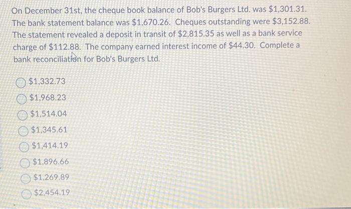 Solved On December 31 st, the cheque book balance of Bob's | Chegg.com