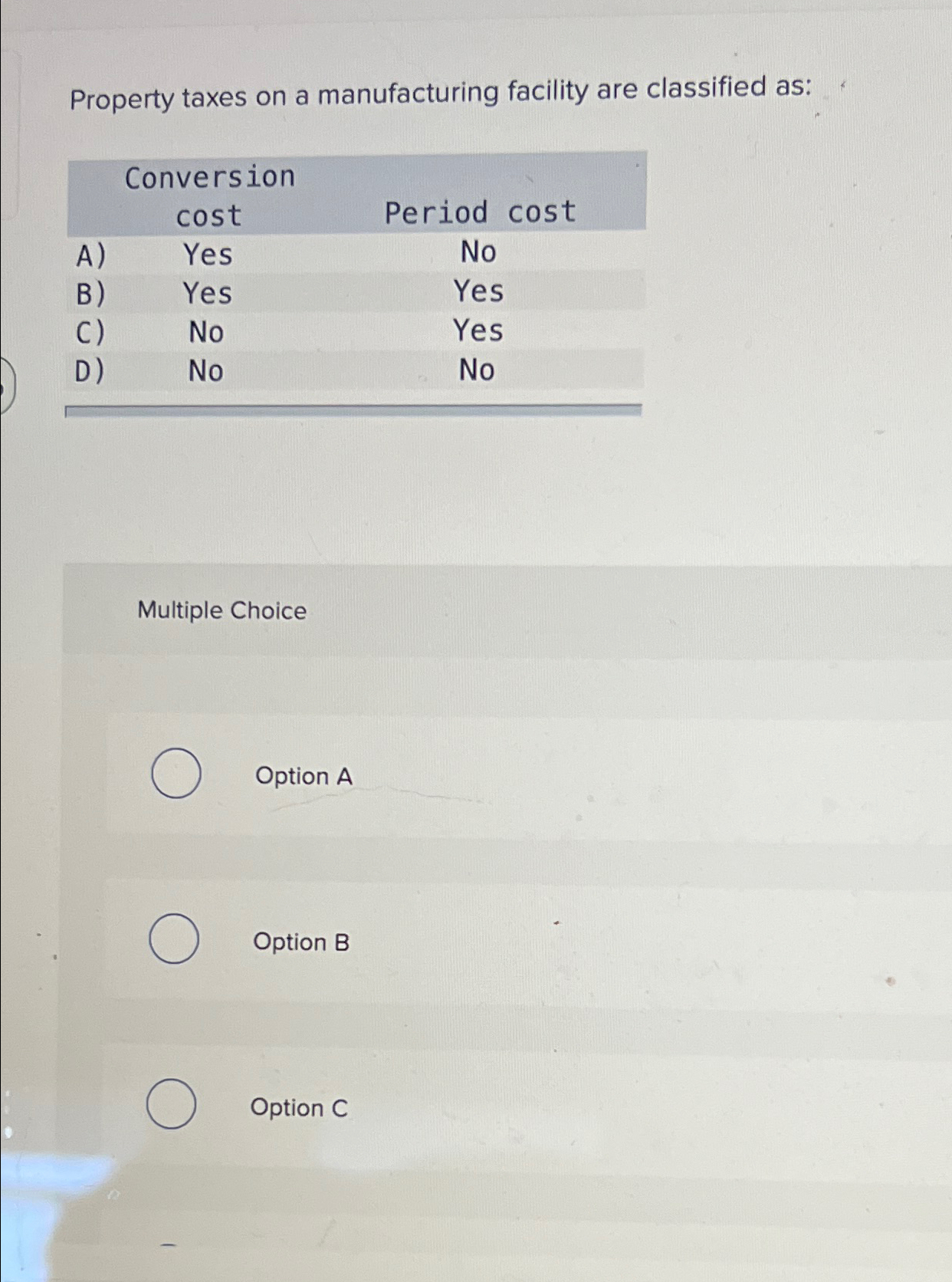 Solved Property taxes on a manufacturing facility are | Chegg.com